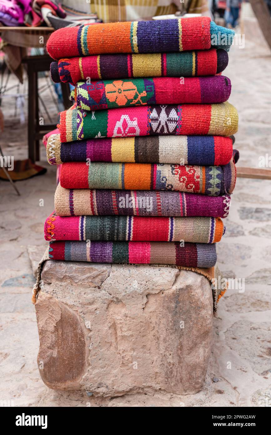 Pile of typical handmade fabrics from northern Argentina Stock Photo ...