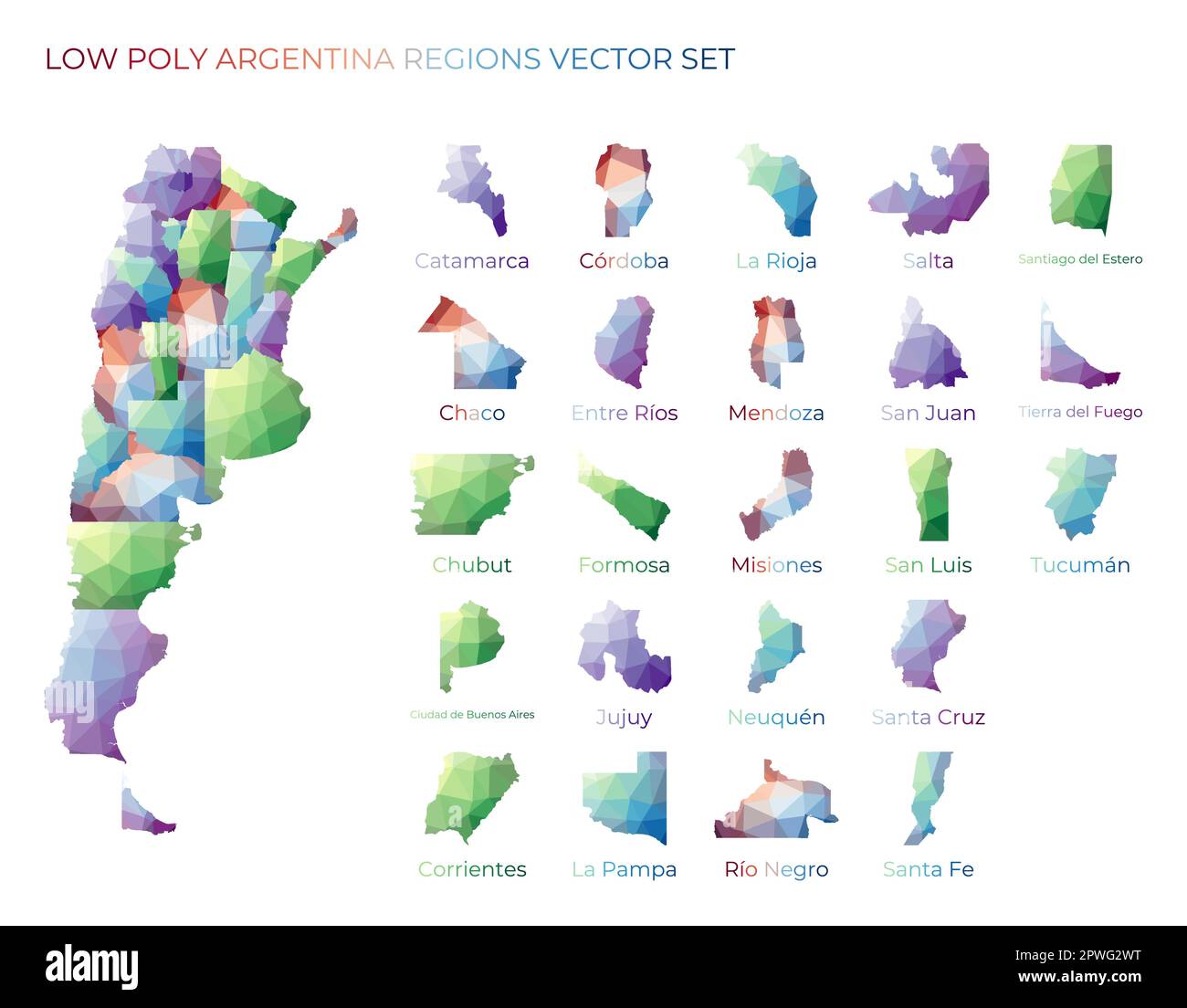 Argentinean low poly regions. Polygonal map of Argentina with regions. Geometric maps for your ...