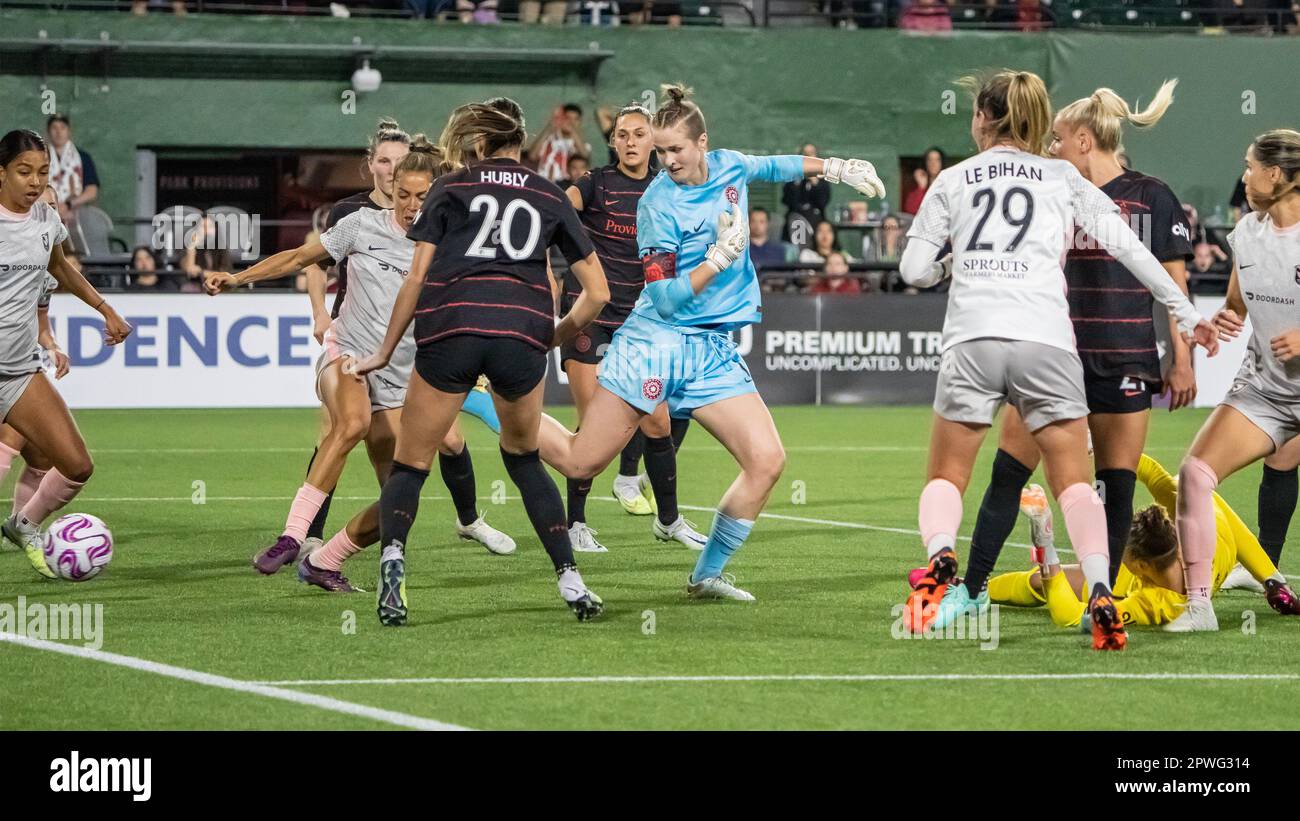Portland, USA. 29th Apr, 2023. The Thorns' goalie Bella Bixby leaves ...