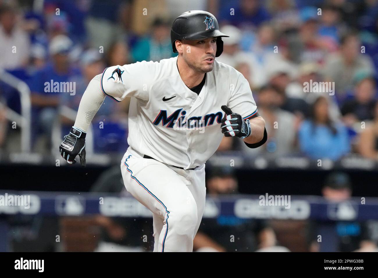 Miami Marlins' Nick Fortes (4) runs to first base during a baseball ...