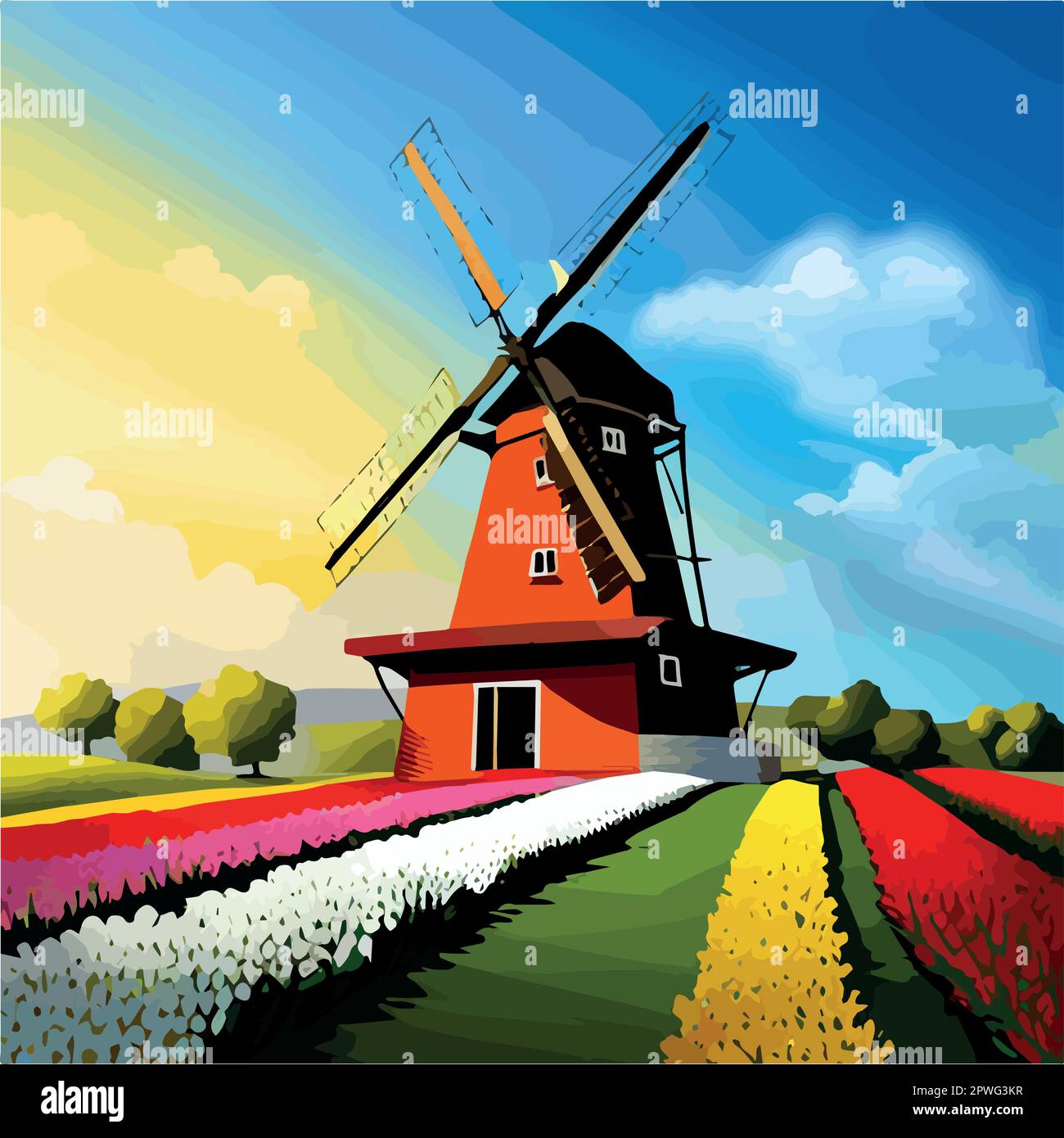 Spring tulip landscape at sunset Stock Vector Images - Alamy