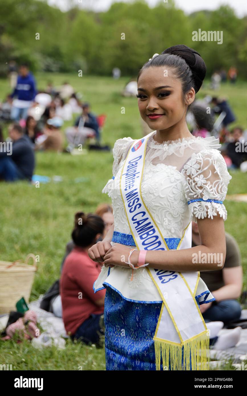 Paris, France. 30th Apr, 2023. A Dauphines Miss Cambodia in France 2023 attends to the Cambodian ...