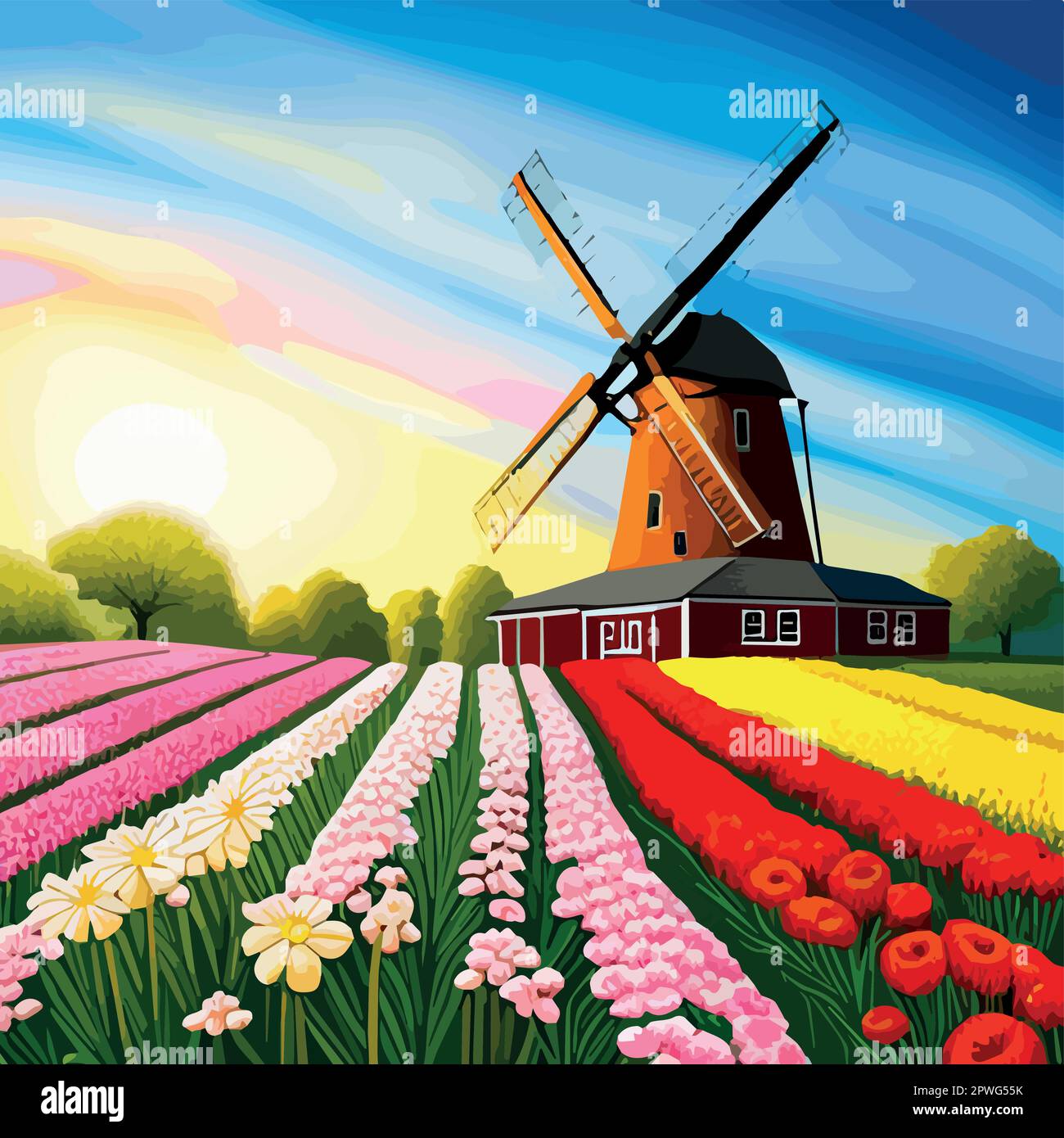 Spring tulip landscape at sunset Stock Vector Images - Alamy