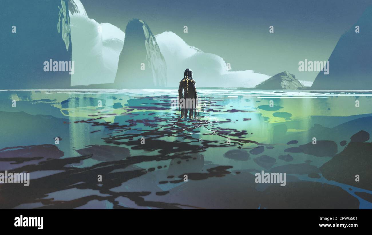 strange human melting himself in the swamp, digital art style ...