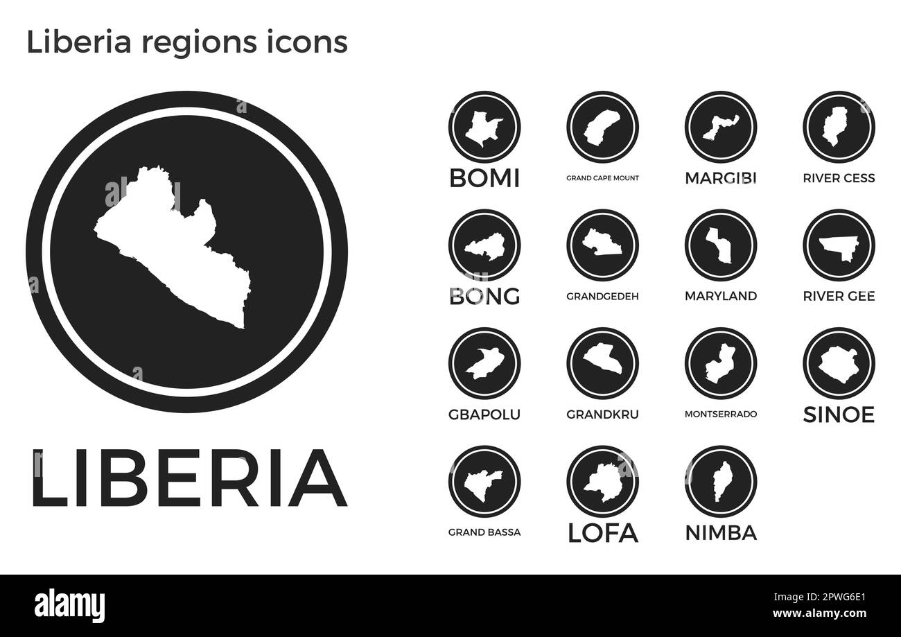 Liberia regions icons. Black round logos with country regions maps and ...