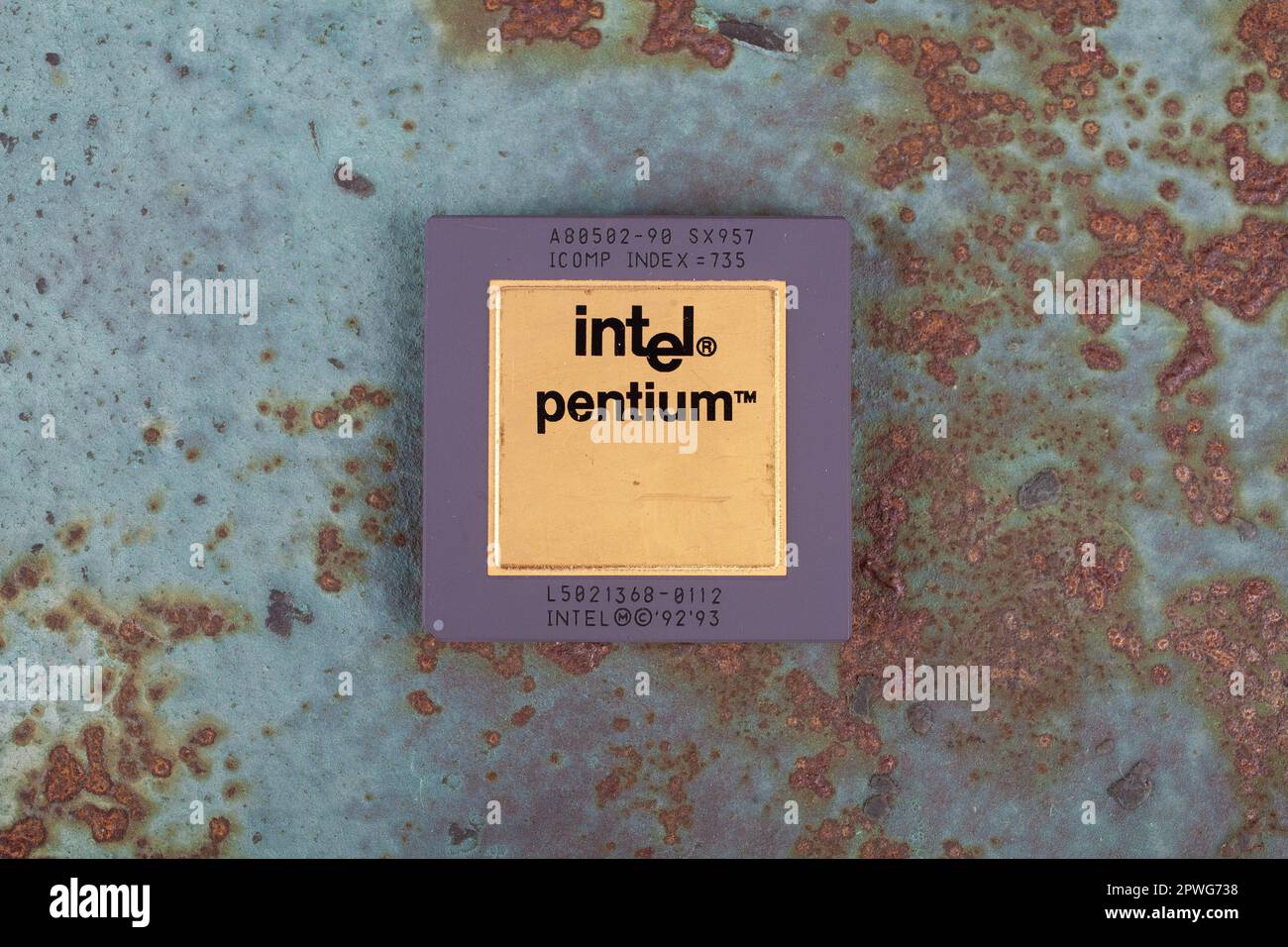 KYIV, UKRAINE - April 22, 2020. Intel Pentium processor on rusty metal ...