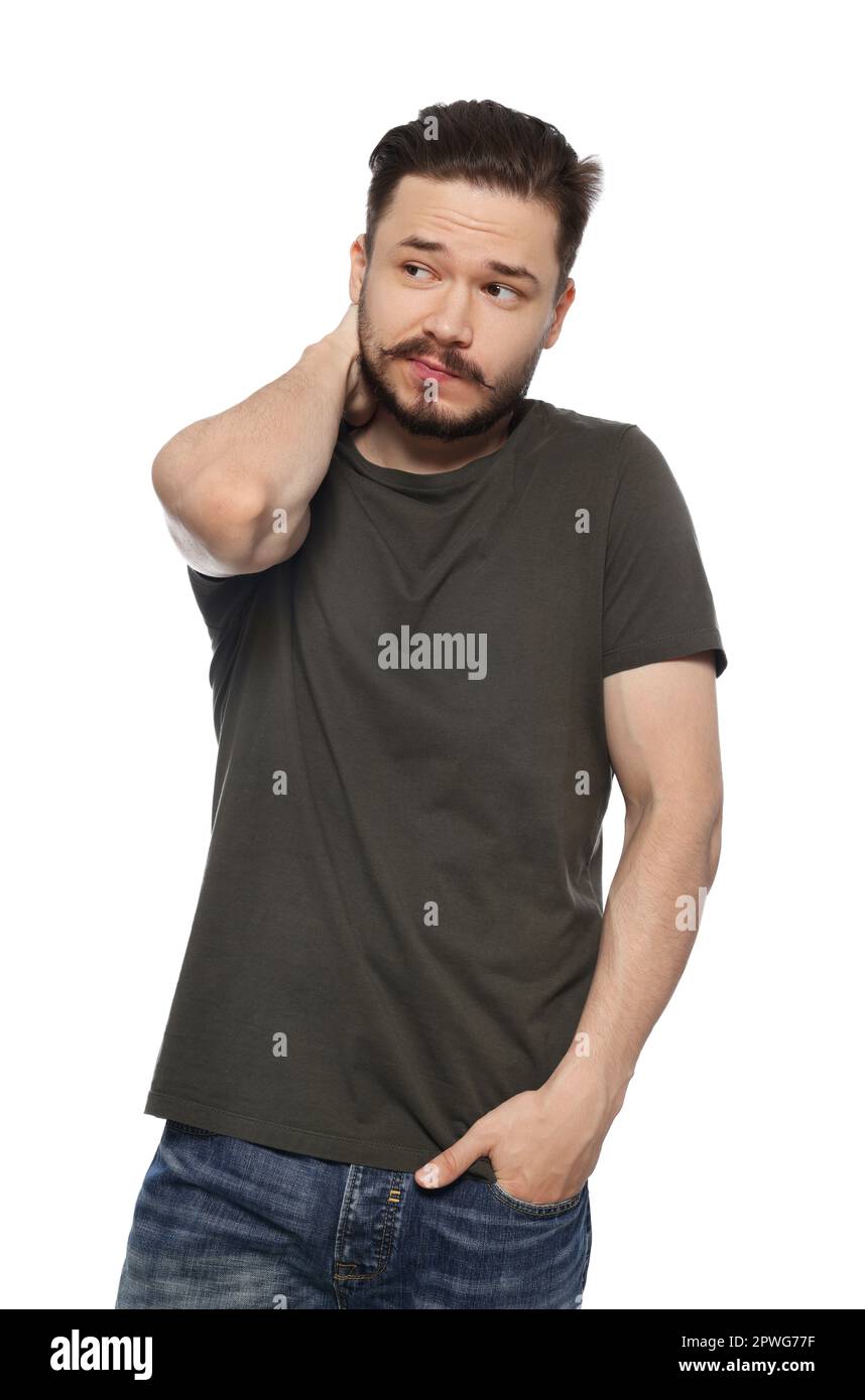 Portrait of embarrassed man on white background Stock Photo - Alamy