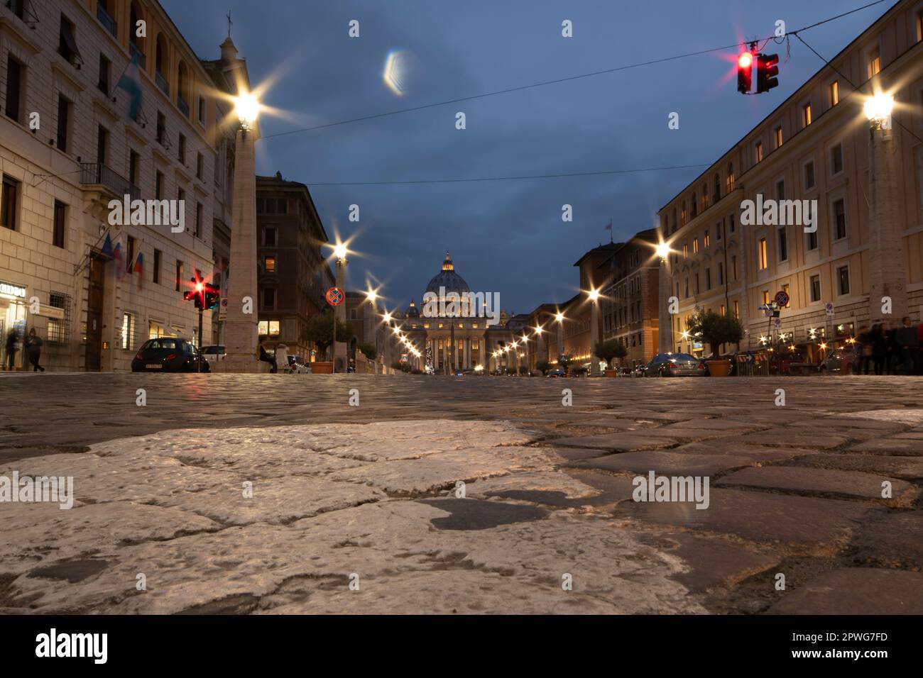 Rome at night, rocky path to St. Peter's square, low angle, light ...