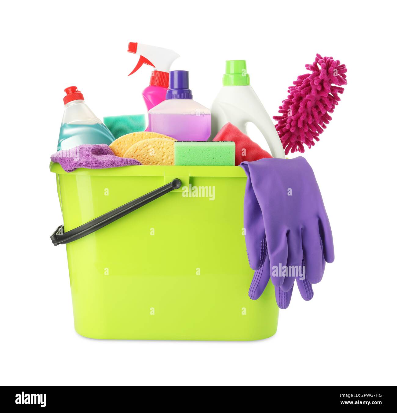 Green plastic bucket with cleaning supplies and tools isolated on white ...