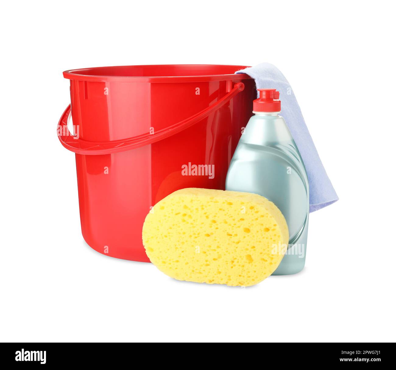 Red plastic bucket, bottle of detergent and cleaning tools on white ...