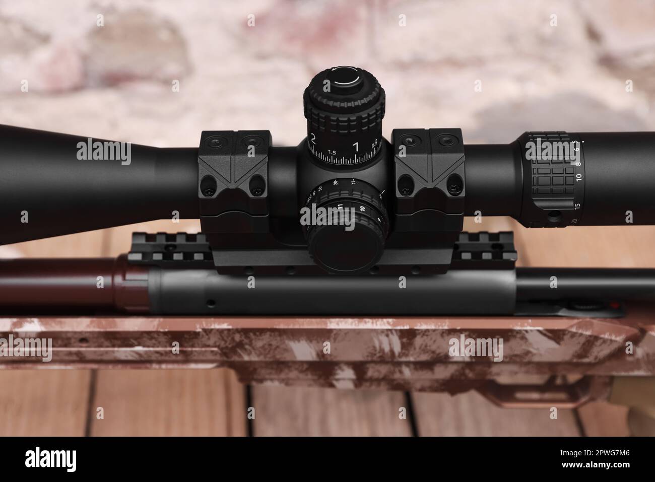 Closeup view of modern powerful sniper rifle with telescopic sight on ...