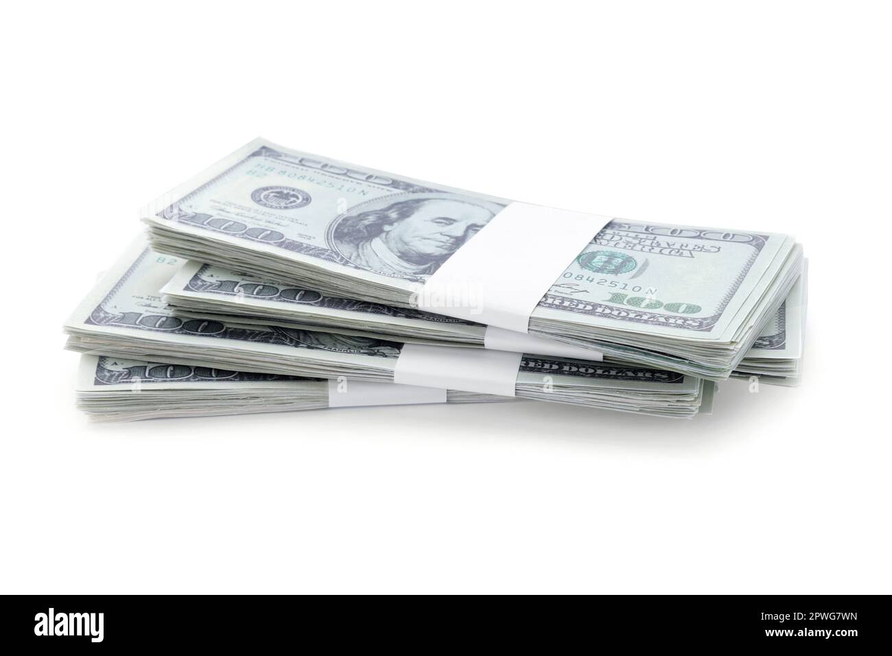 Bundles of dollar banknotes isolated on white. American national ...