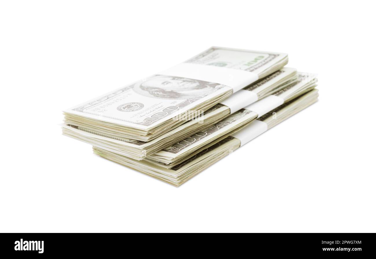 Bundles of dollar banknotes isolated on white. American national ...