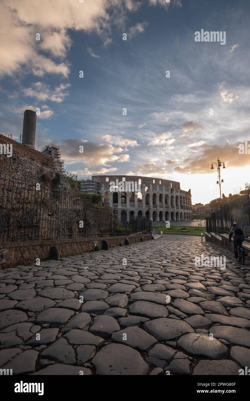 Rome, Italy - View of the Colosseum area at sunrise, focused on the ...