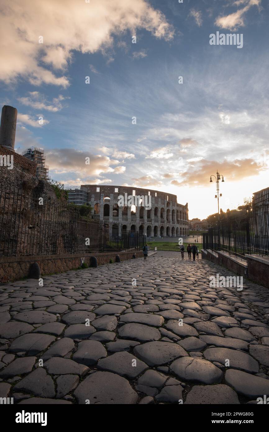 Rome, Italy - View of the Colosseum area at sunrise, focused on the ...