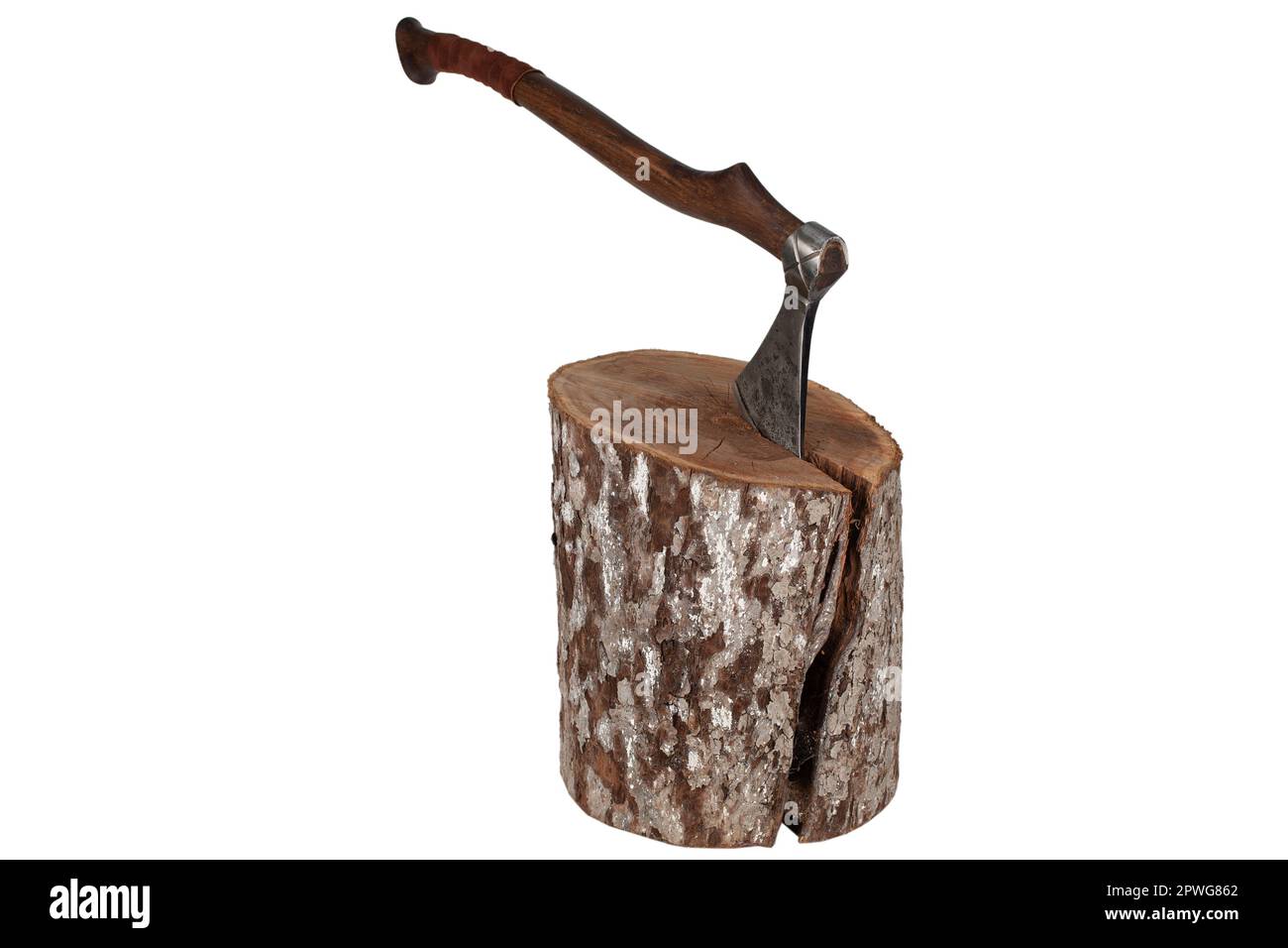 antique viking axe with wooden handle in wood log on white background ...