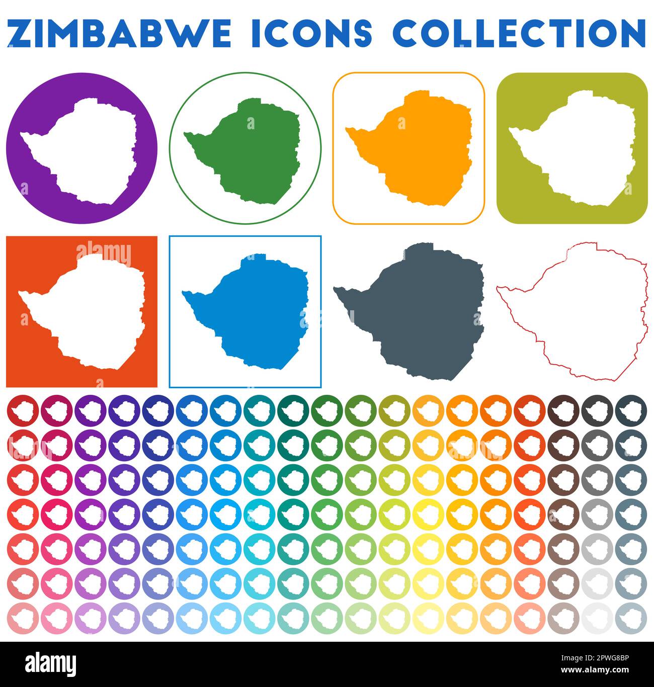 Zimbabwe icons collection. Bright colorful trendy map icons. Modern Zimbabwe badge with country ...