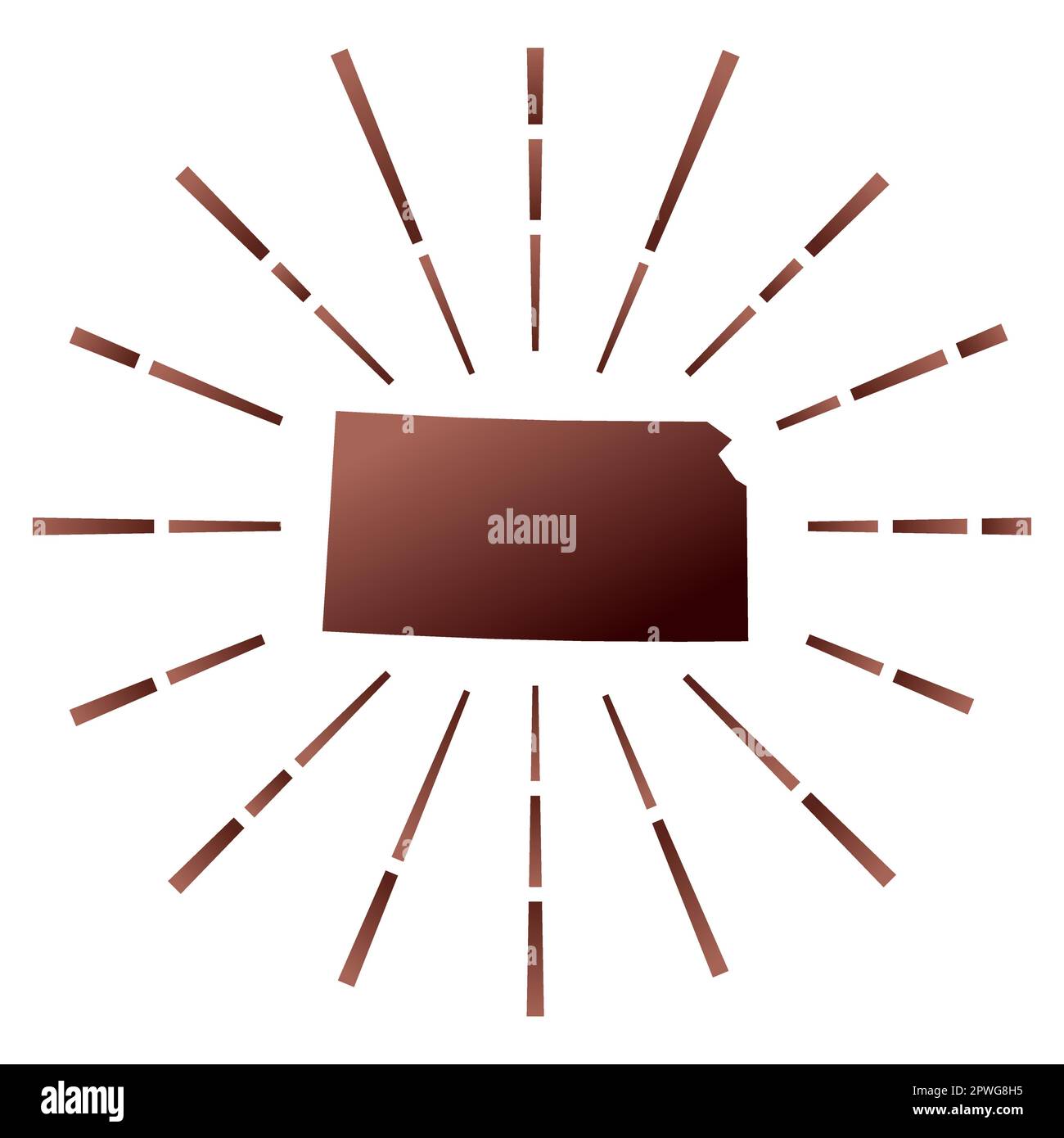 Kansas gradiented sunburst. Map of the US state with colorful star rays ...