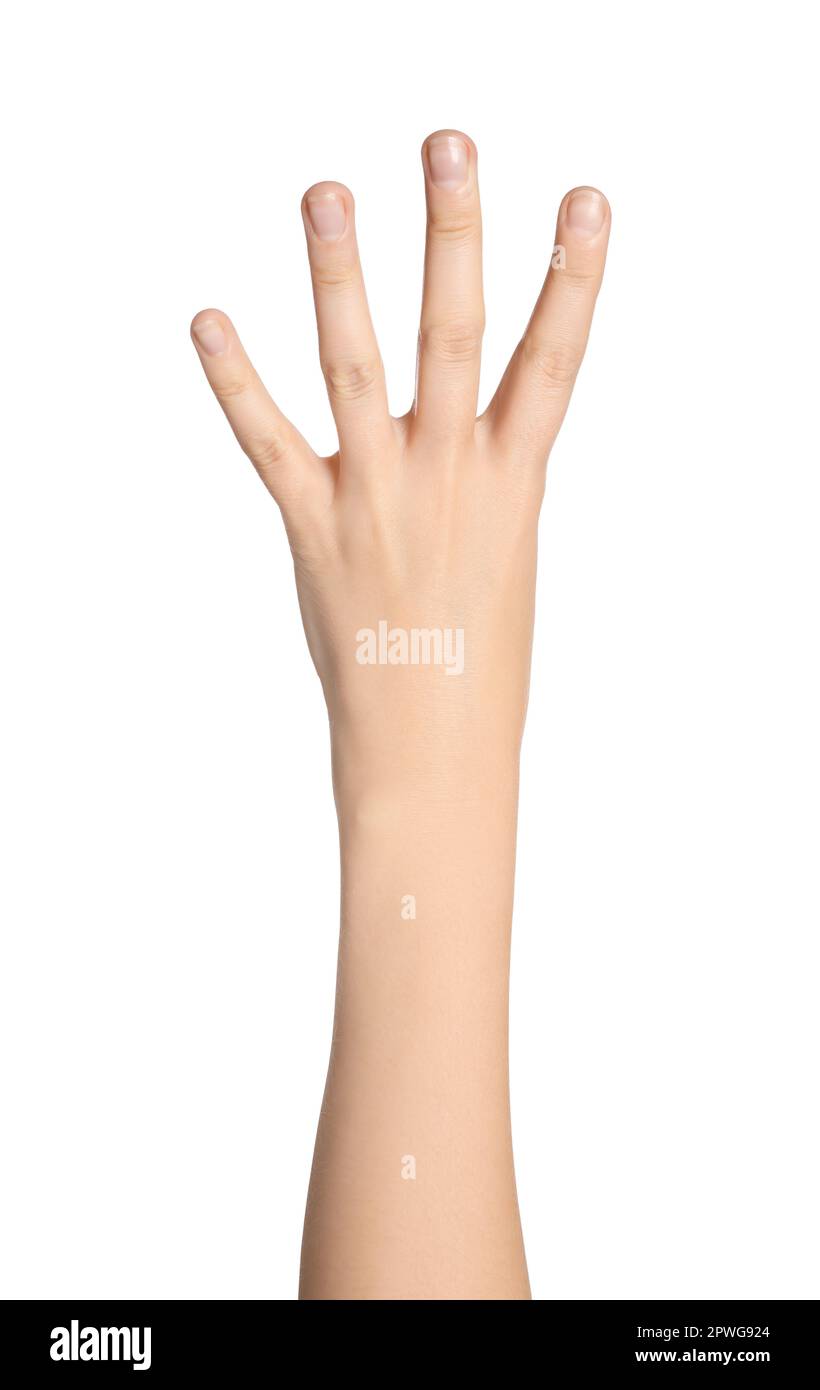Woman showing four fingers on white background, closeup of hand Stock ...