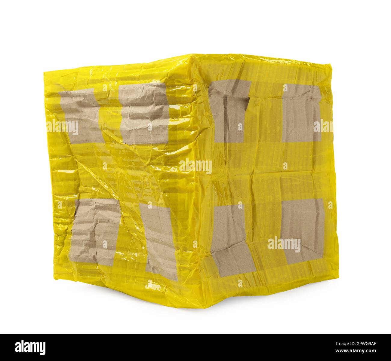 Crumpled cardboard parcel box with yellow sticky tape on white ...