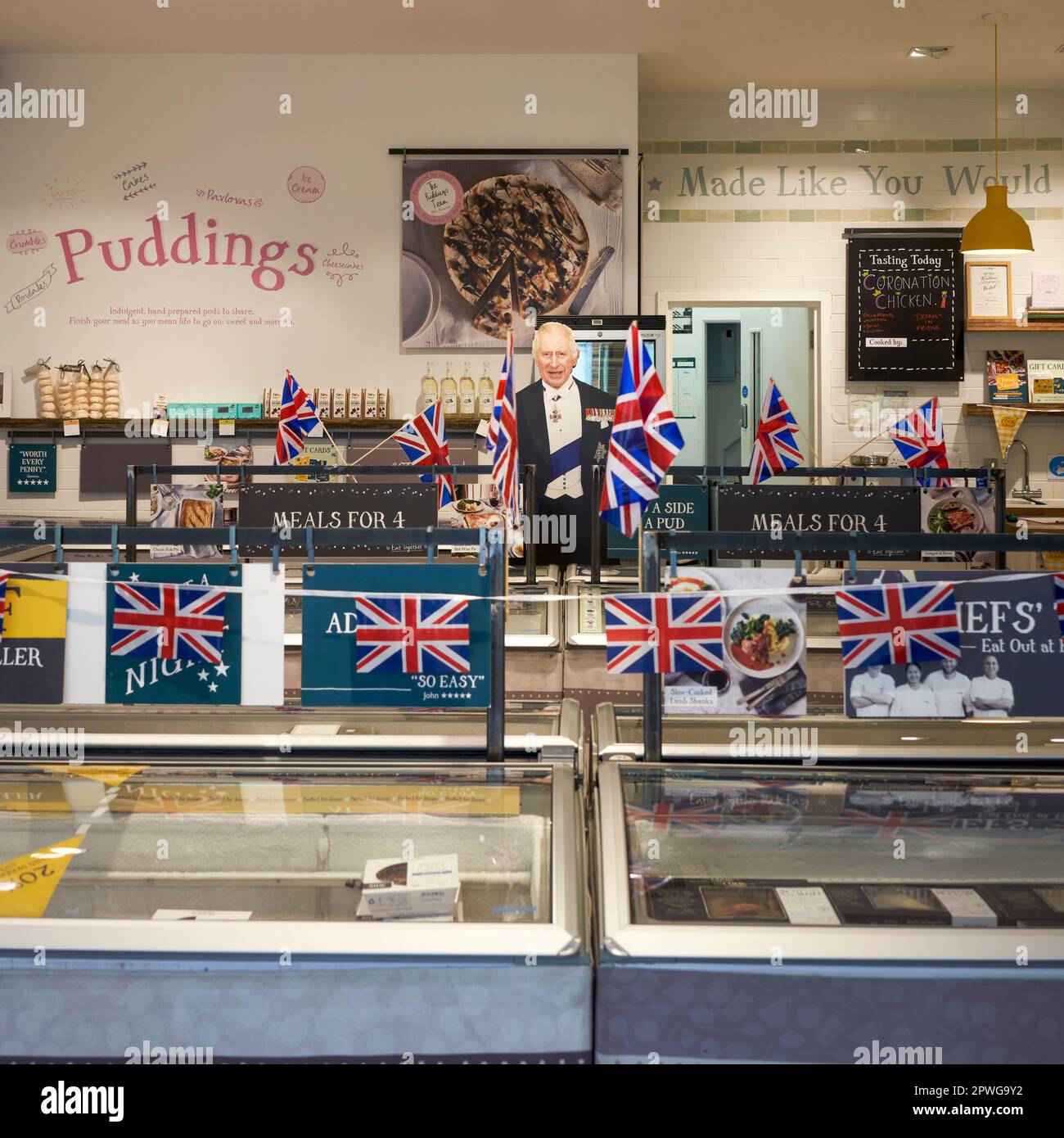 King Charles III coronation celebration display in a food shop Stock ...
