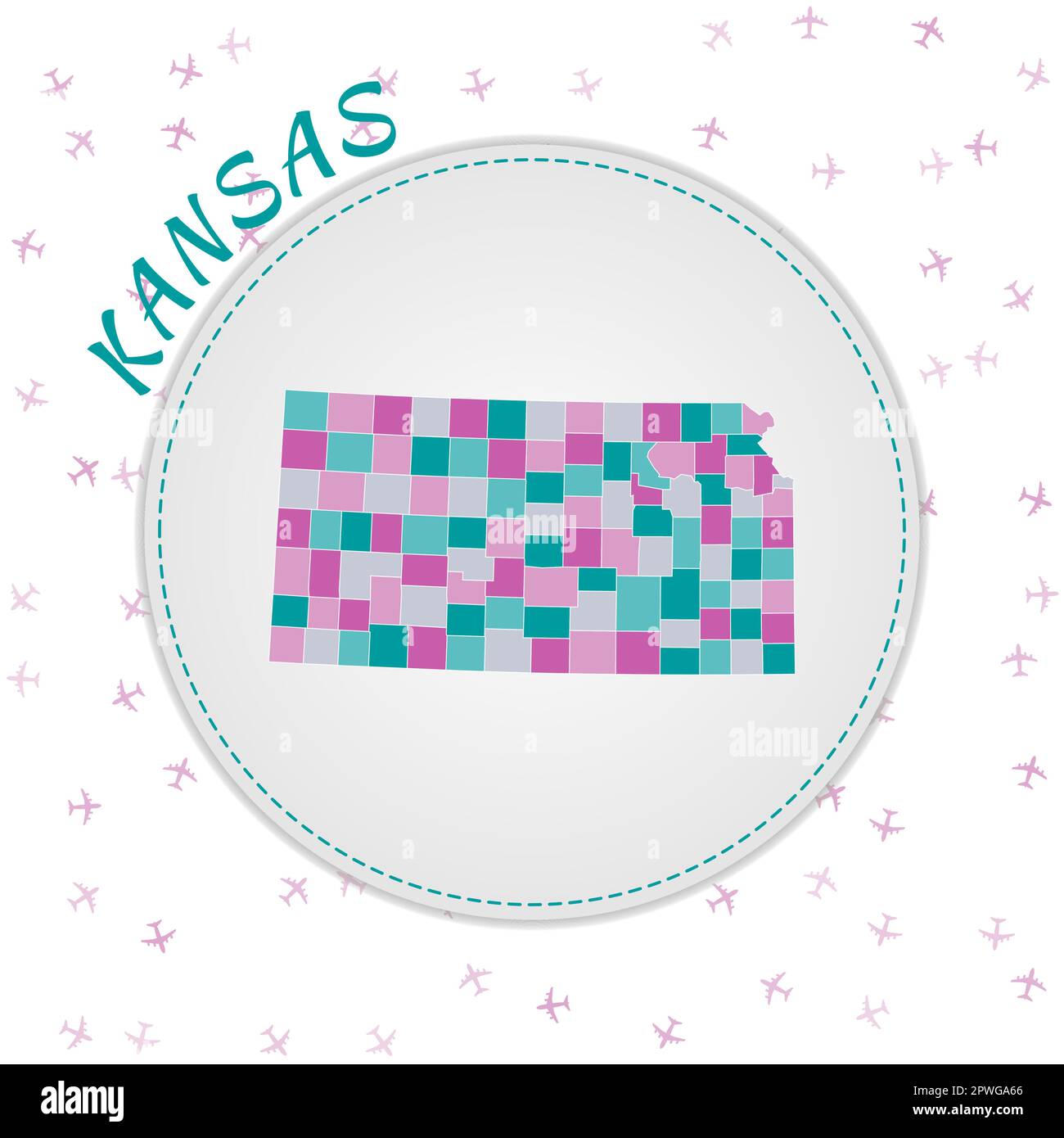 Kansas map design. Map of the US state with regions in emerald-amethyst ...