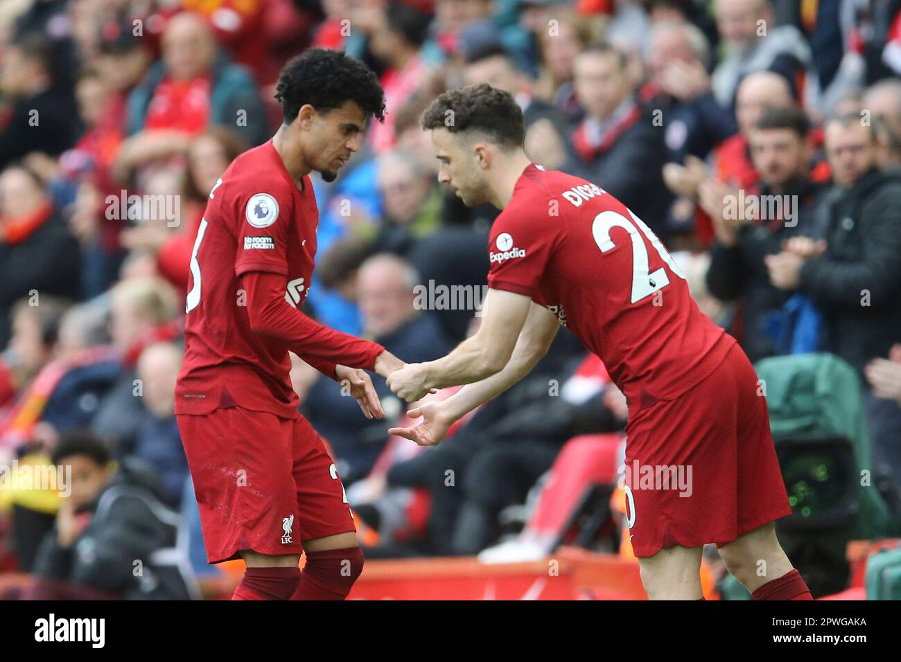 Liverpool, UK. 30th Apr, 2023. Luis Diaz of Liverpool is replaced by ...