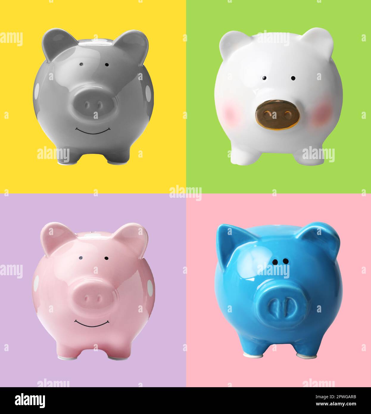 Set with piggy banks on different color backgrounds Stock Photo - Alamy