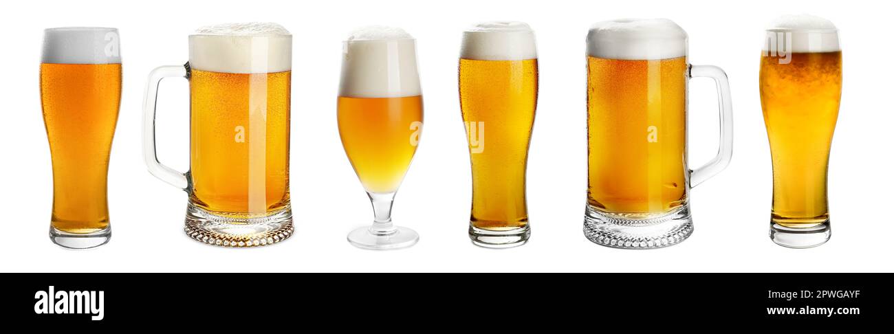 Set with cold tasty beer on white background. Banner design Stock Photo ...