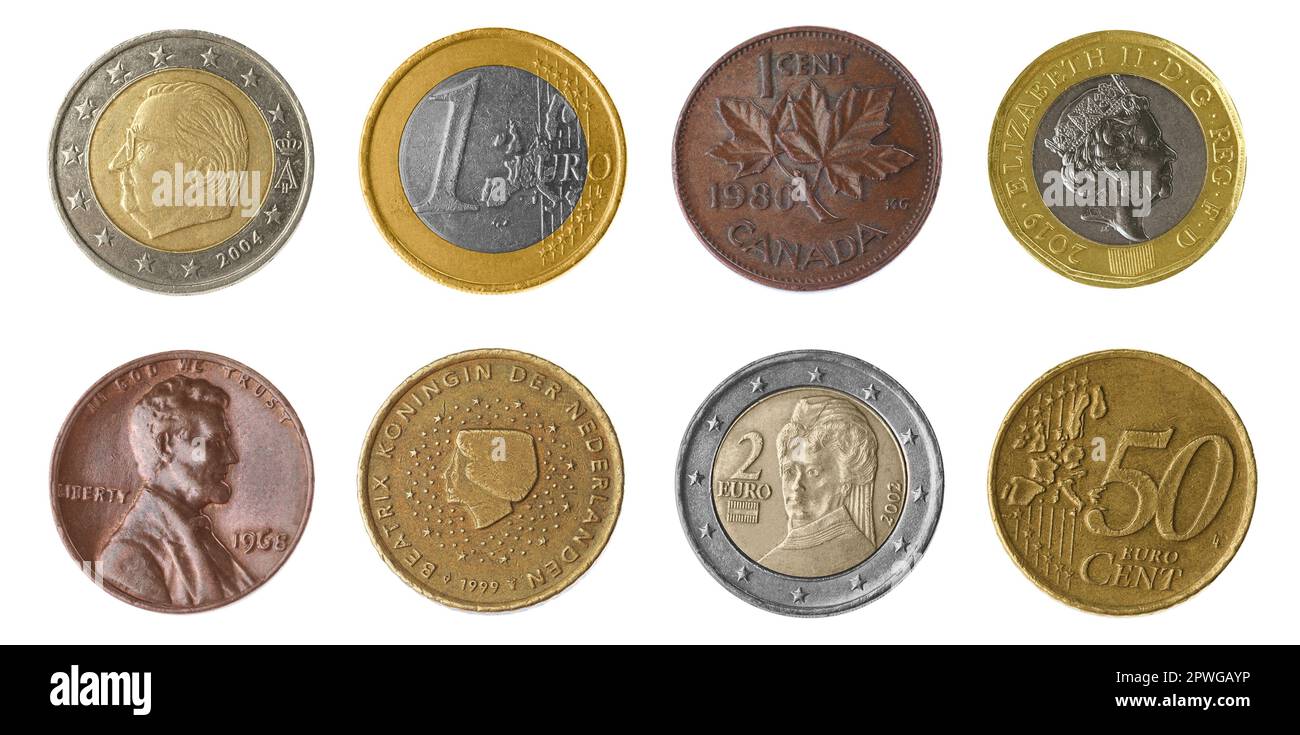 Set with different coins on white background. Banner design Stock Photo ...