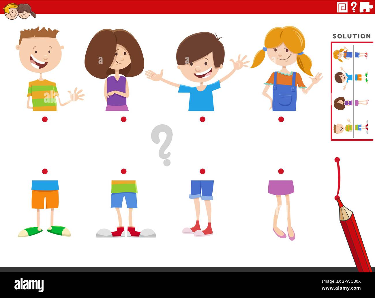 Cartoon illustration of educational activity of matching halves of ...