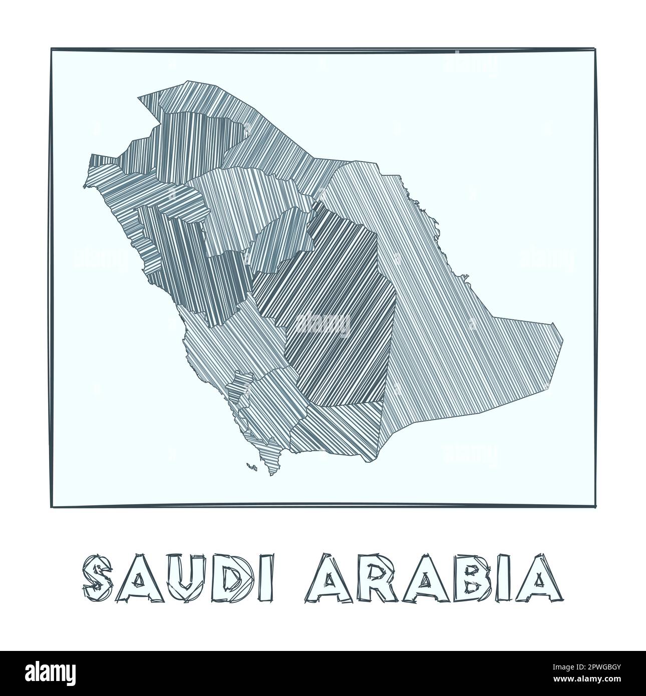 Sketch map of Saudi Arabia. Grayscale hand drawn map of the country ...