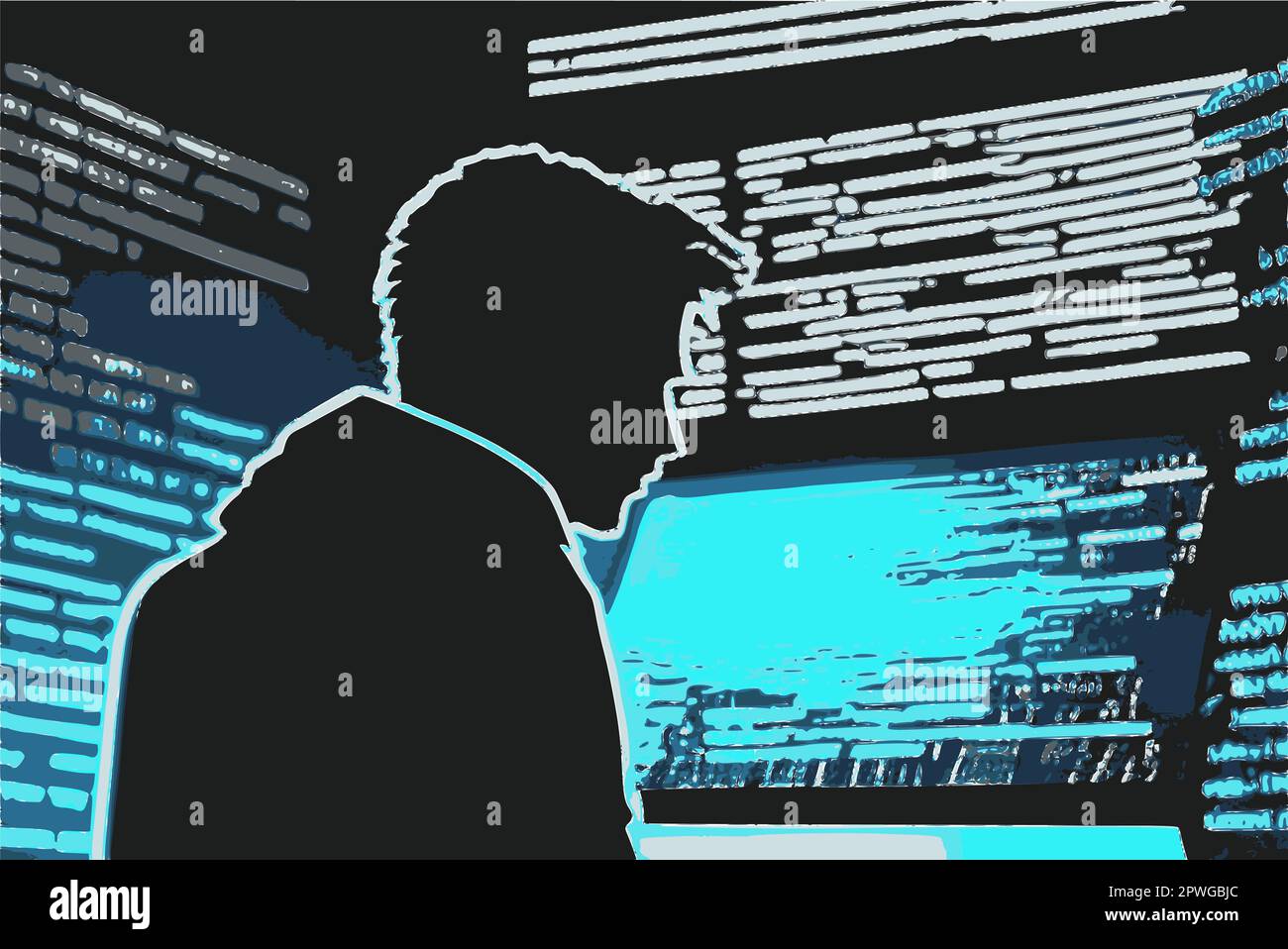 Silhouette of a hacker working on a computer in a dark room Stock Vector Image & Art - Alamy