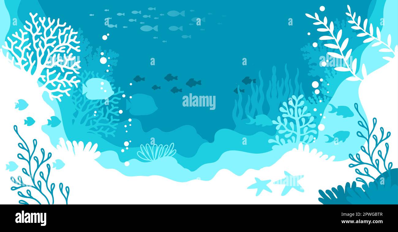 Horizontal blue background. Underwater marine life of a coral reef ...