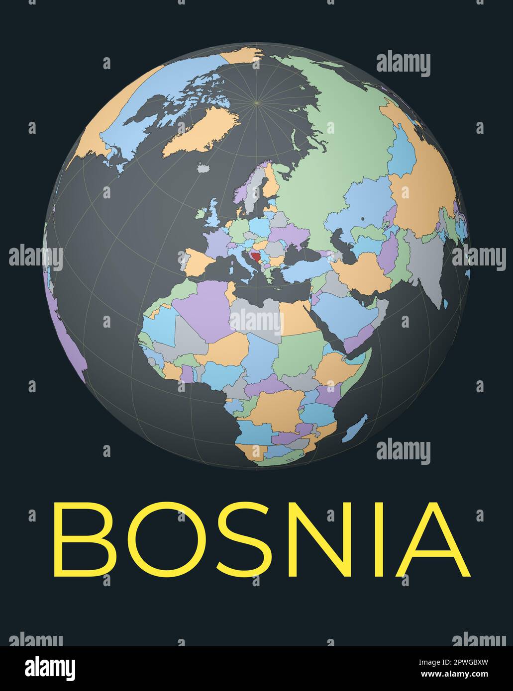 World map centered on Bosnia. Red country highlighted. Satellite world ...
