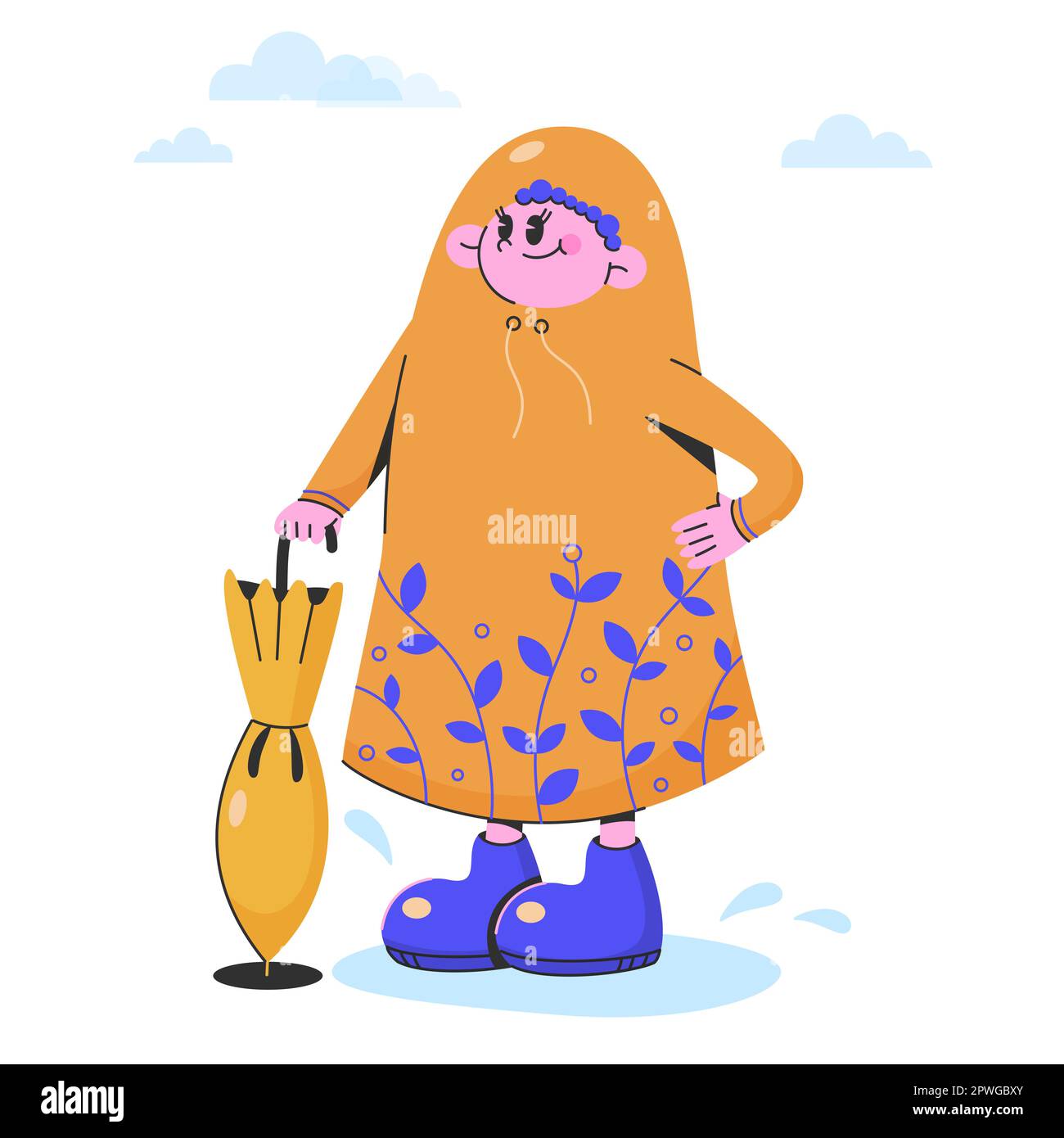 Happy cute girl walks through the puddles in yellow raincoat and with ...