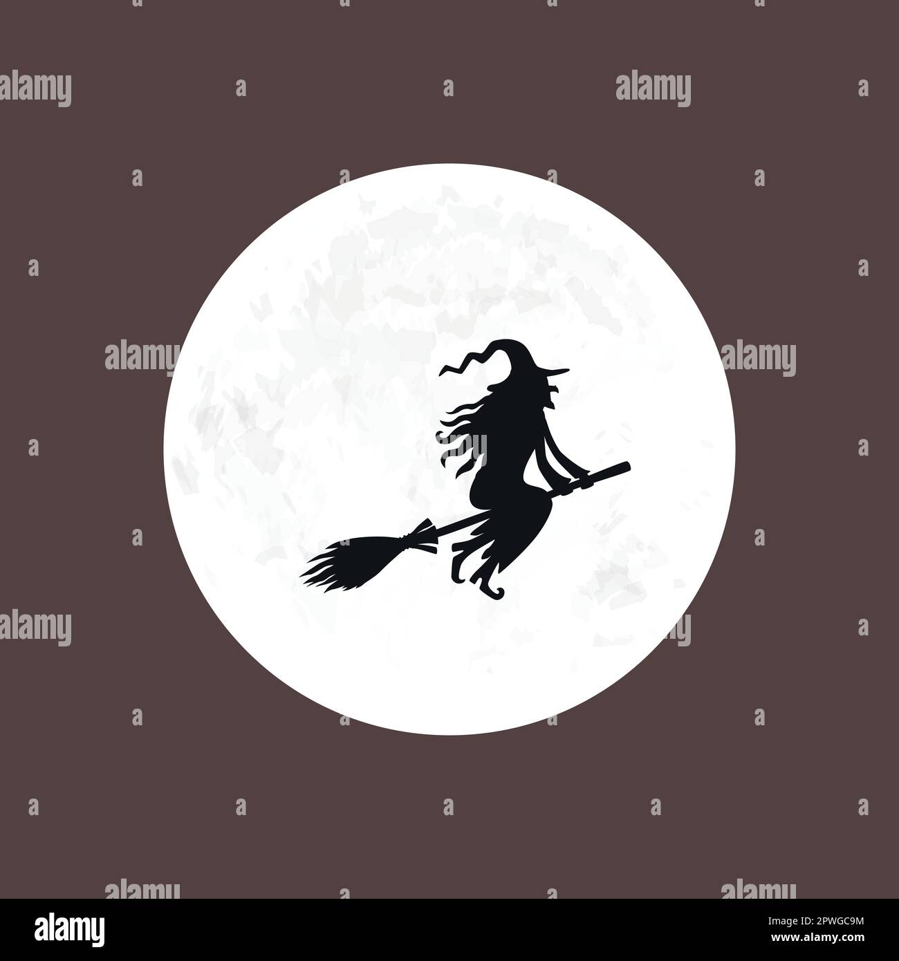 Vector black silhouette of a witch flying on broom and full moon on ...