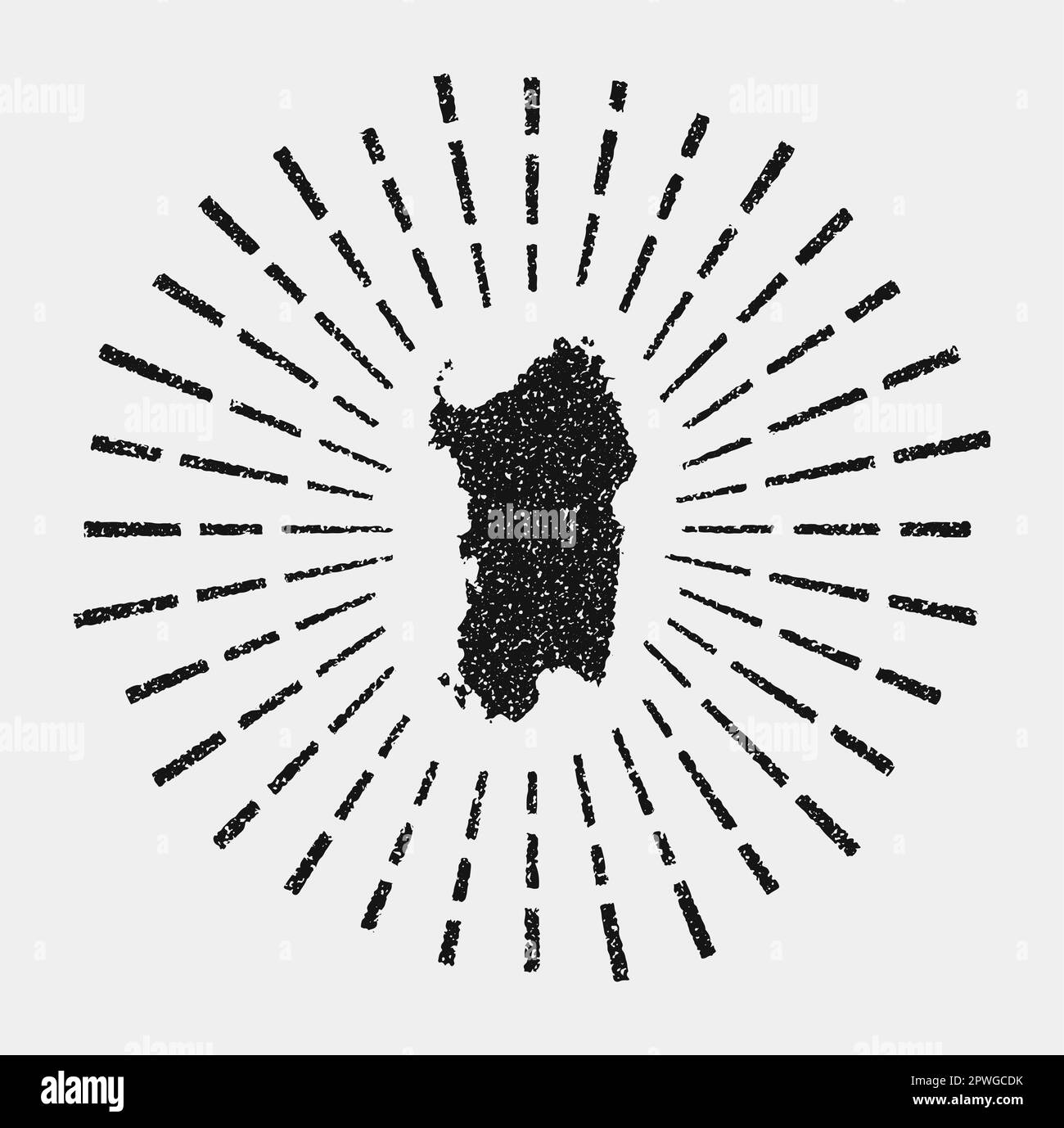 Vintage map of Sardinia. Grunge sunburst around the island. Black ...