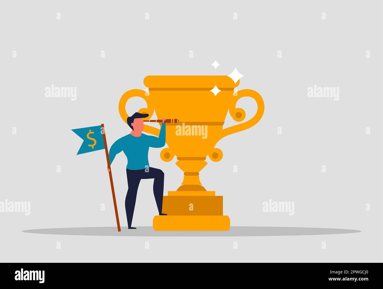 Victory in business, a man stands near the trophy and looks into the ...