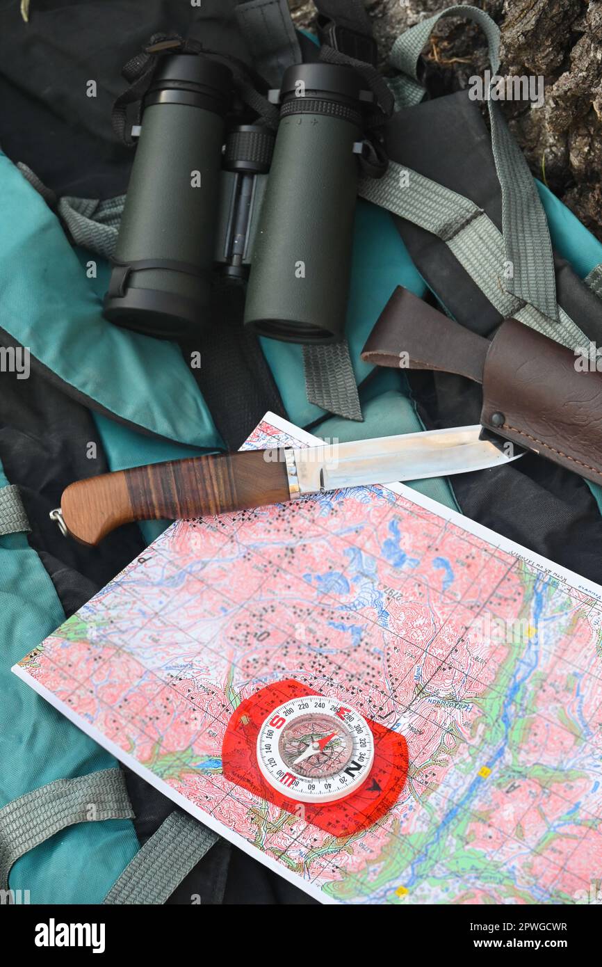 Bushcraft equipment. Items necessary for survival in the wild Stock ...