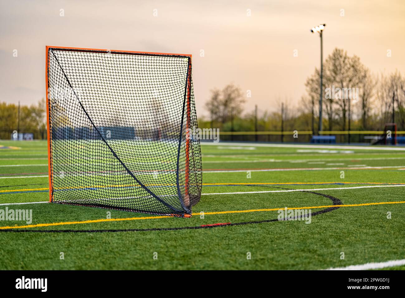 Late afternoon photo of a lacrosse goal on a synthetic turf field ...