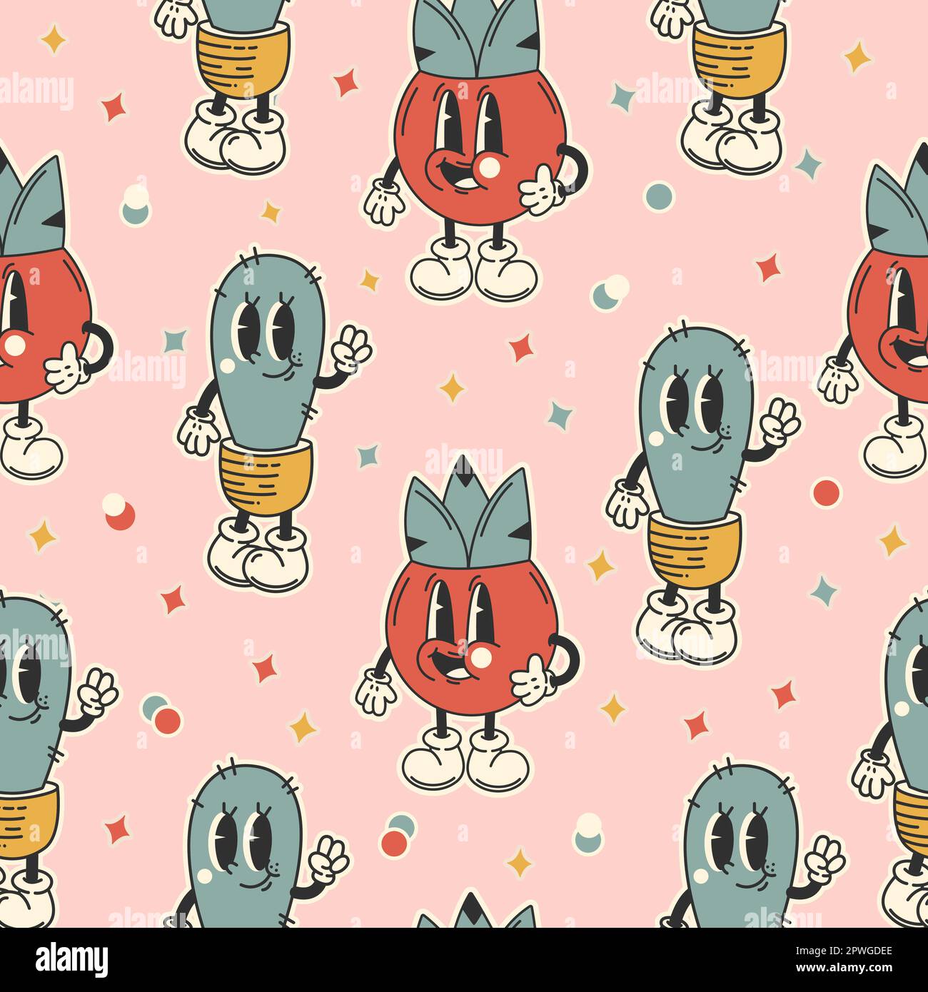 Seamless pattern in trendy retro groovy style,y2k with cartoon ...