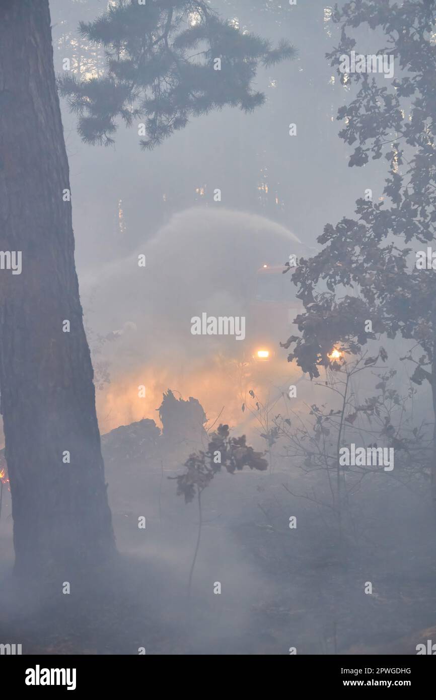 Water cannon of a fire engine shooting a high-velocity stream of water ...