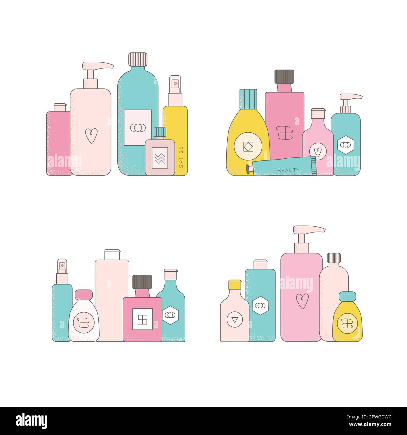 Bright cartoon cosmetic bottles sets. Color body cream tube, cleanser ...