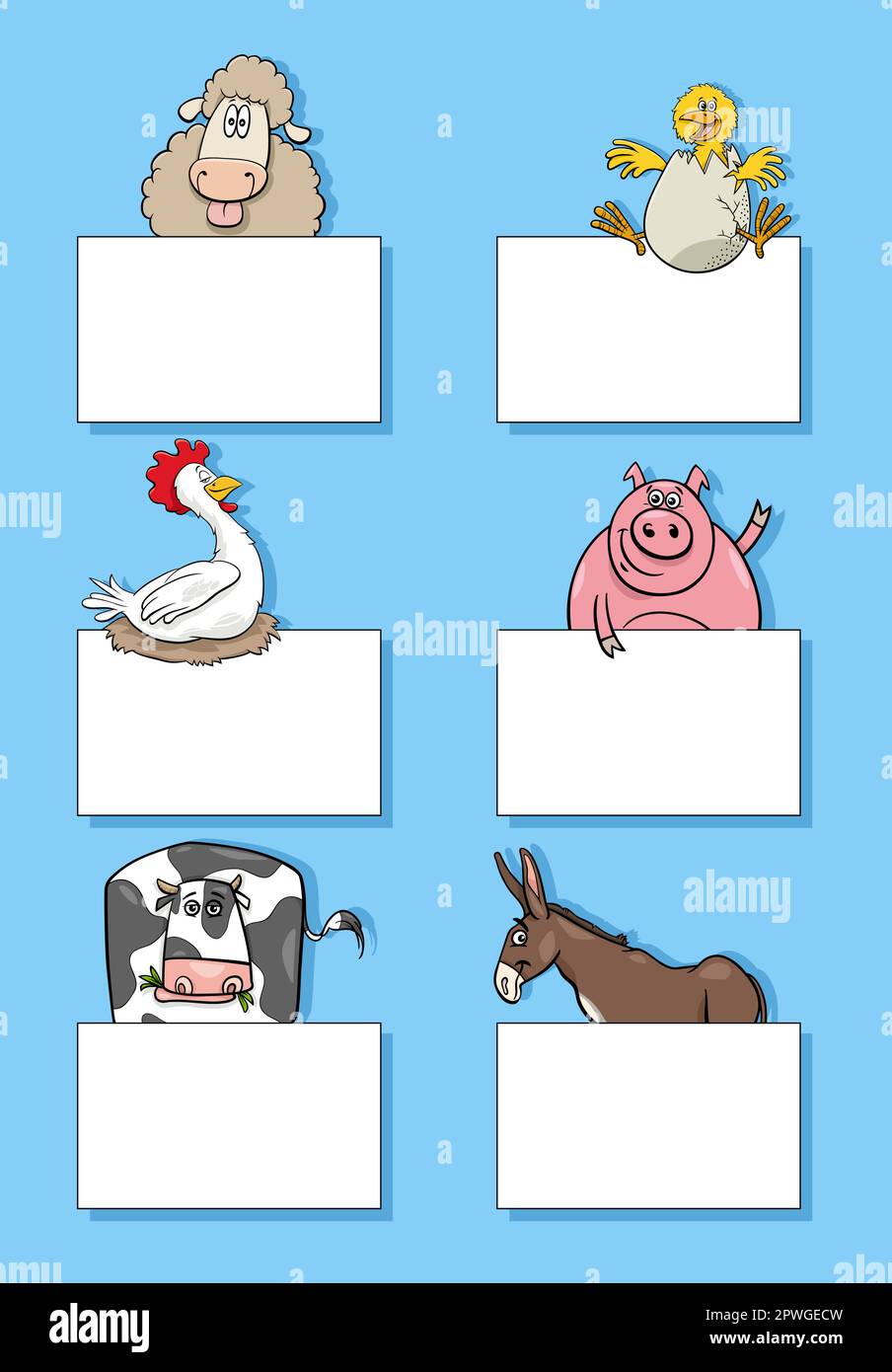 Cartoon illustration of funny farm animals with blank cards or banners ...