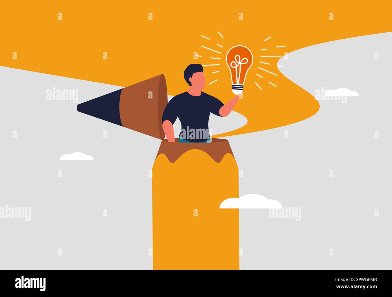 Creative person and creative idea. A young man opens up an idea and his ...