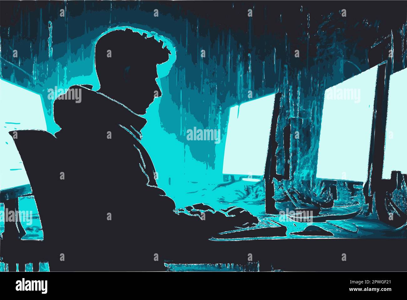Silhouette of a hacker working on a computer in a dark room Stock Vector Image & Art - Alamy
