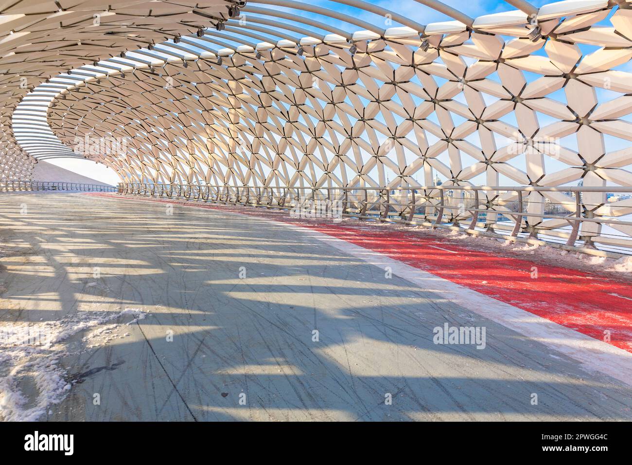 Modern architectural urbanistic Atyrau fish bridge across Ishim river ...