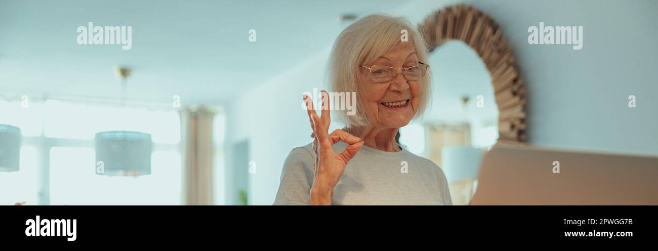 Aged lady is having online meeting indoors Stock Photo - Alamy