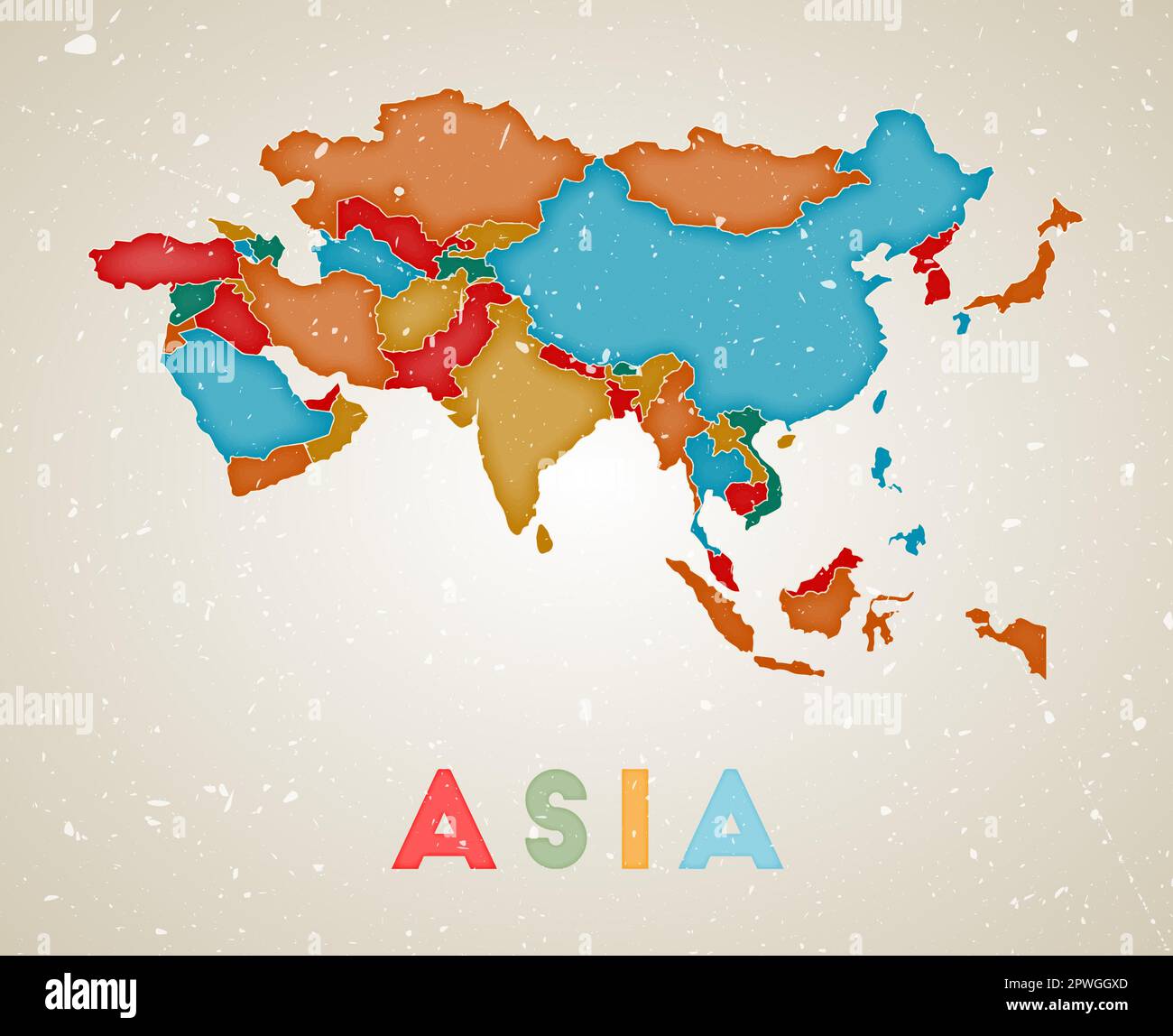 Asia map. Continent poster with colored regions. Old grunge texture ...